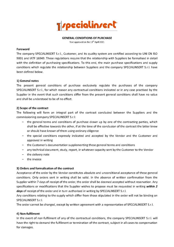 General condition of purchase | Specialinsert